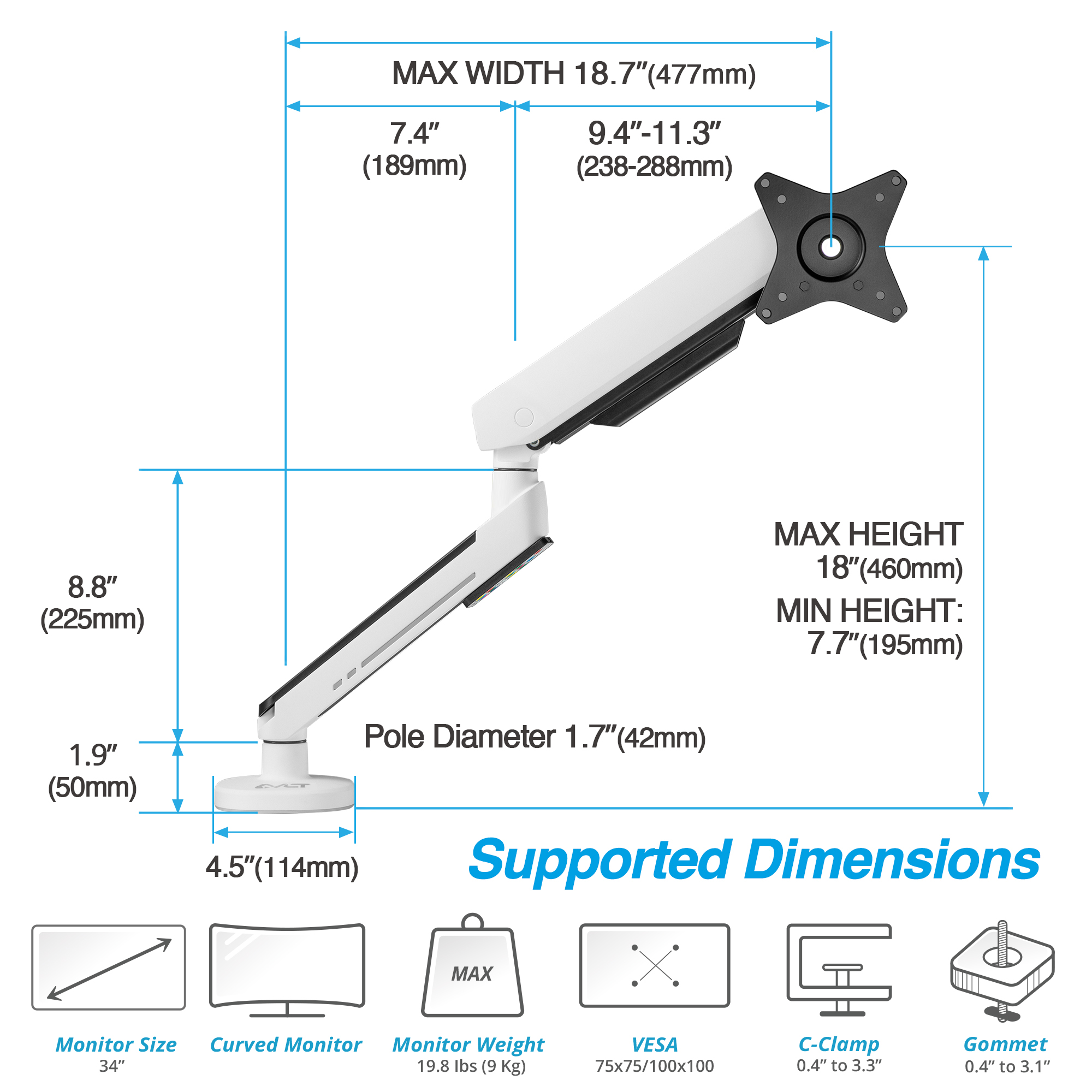 AVLT RGB Lights Single 13”-34” Monitor Arm Desk Mount Built-in 179 ...