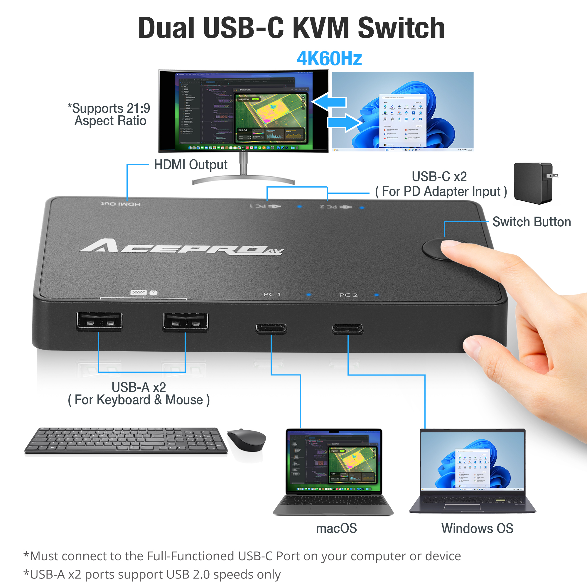2x1 USB-C 4K60Hz KVM Switch with PD Pass-Through - Selector for 2 Computers Sharing 4K Monitor ...