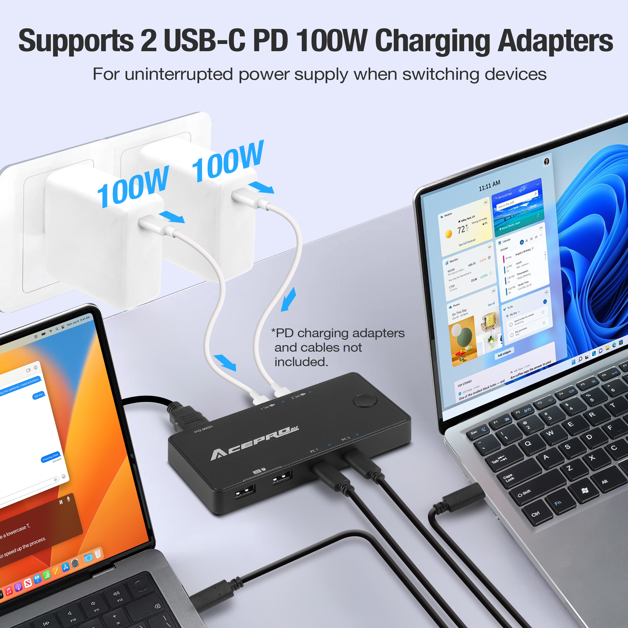 2x1 USB-C 4K60Hz KVM Switch with PD Pass-Through - Selector for 2 Computers Sharing 4K Monitor ...
