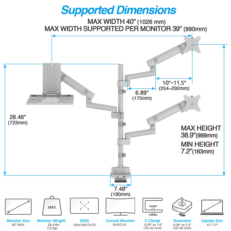 AVLT Laptop & Dual 40 Inch Stacking Monitor Arm Pole Top Mount with USB ...