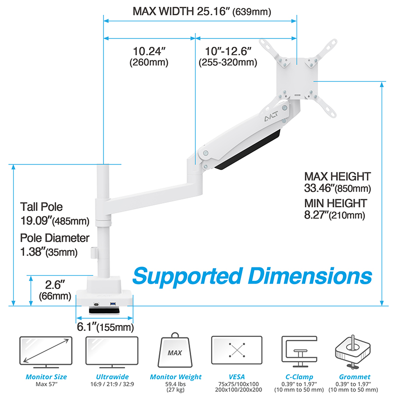 AVLT Single Monitor Desk Mount for 17"–57" Screens – Heavy Duty Gas ...
